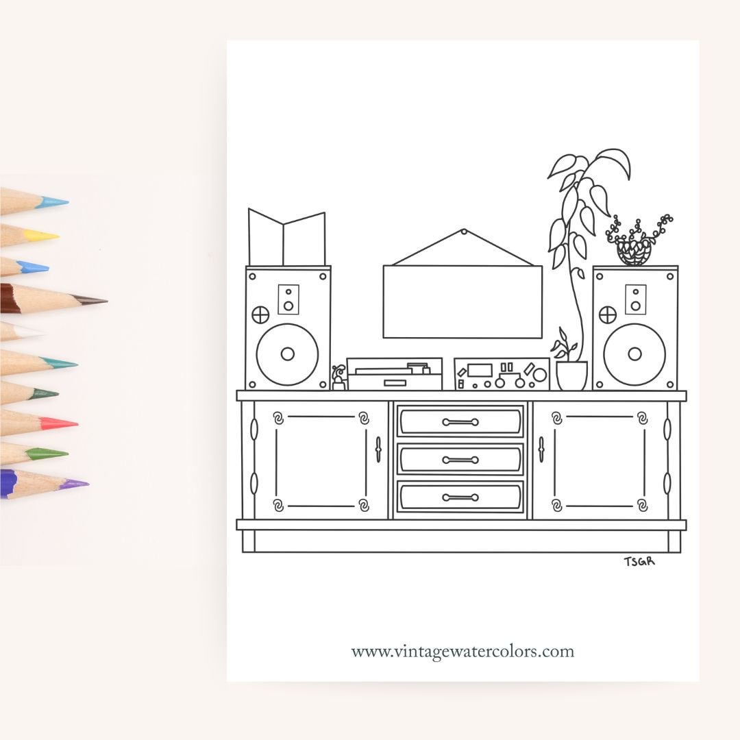 Stereo Shelf - Coloring Page Digital Download | Vintage Watercolors