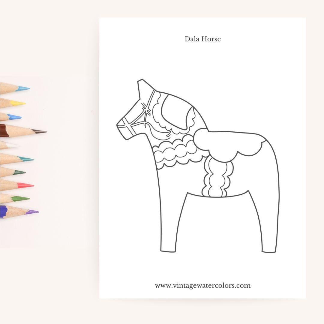 Dala Horse - Coloring Page Digital Download | Vintage Watercolors